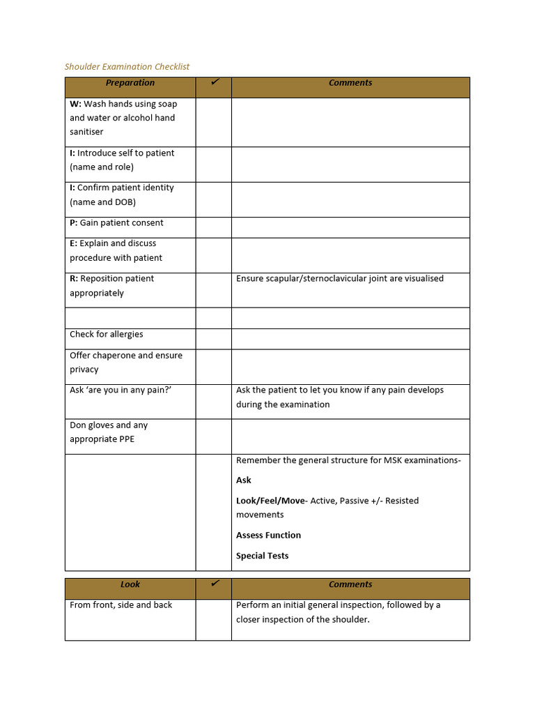 Shoulder Examination Checklist | PDF | Shoulder | Anatomical Terms Of ...