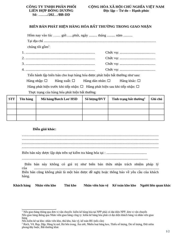 Mẫu Cty -Biên Bản Hàng Hóa Bất Thường | PDF