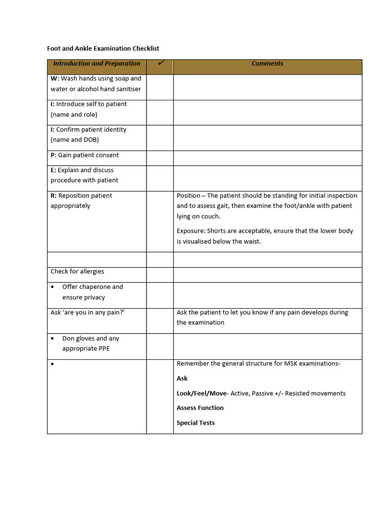Foot and Ankle Examination Checklist | PDF | Foot | Anatomical Terms Of ...