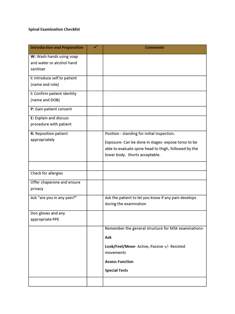 Spinal Examination Checklist | PDF | Anatomical Terms Of Motion | Vertebra