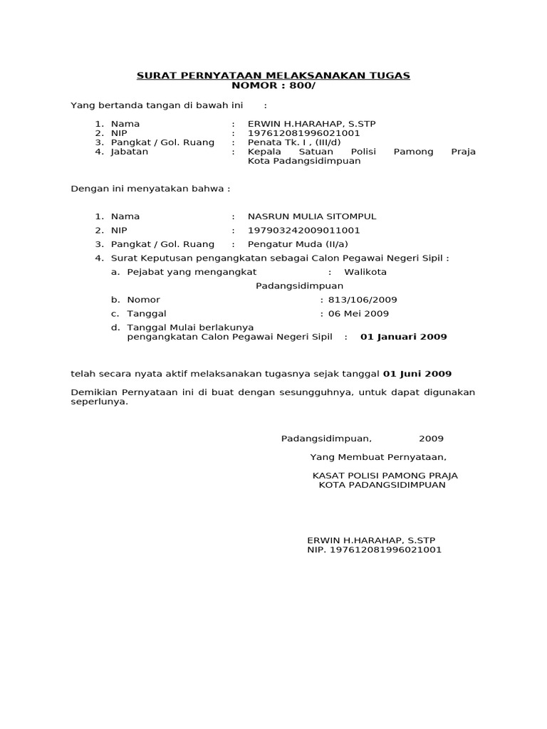 Surat Pernyataan Melaksanakan Tuga1 | PDF