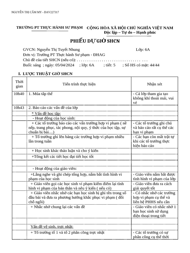 Phieu D Gi SHCN Class 6A | PDF