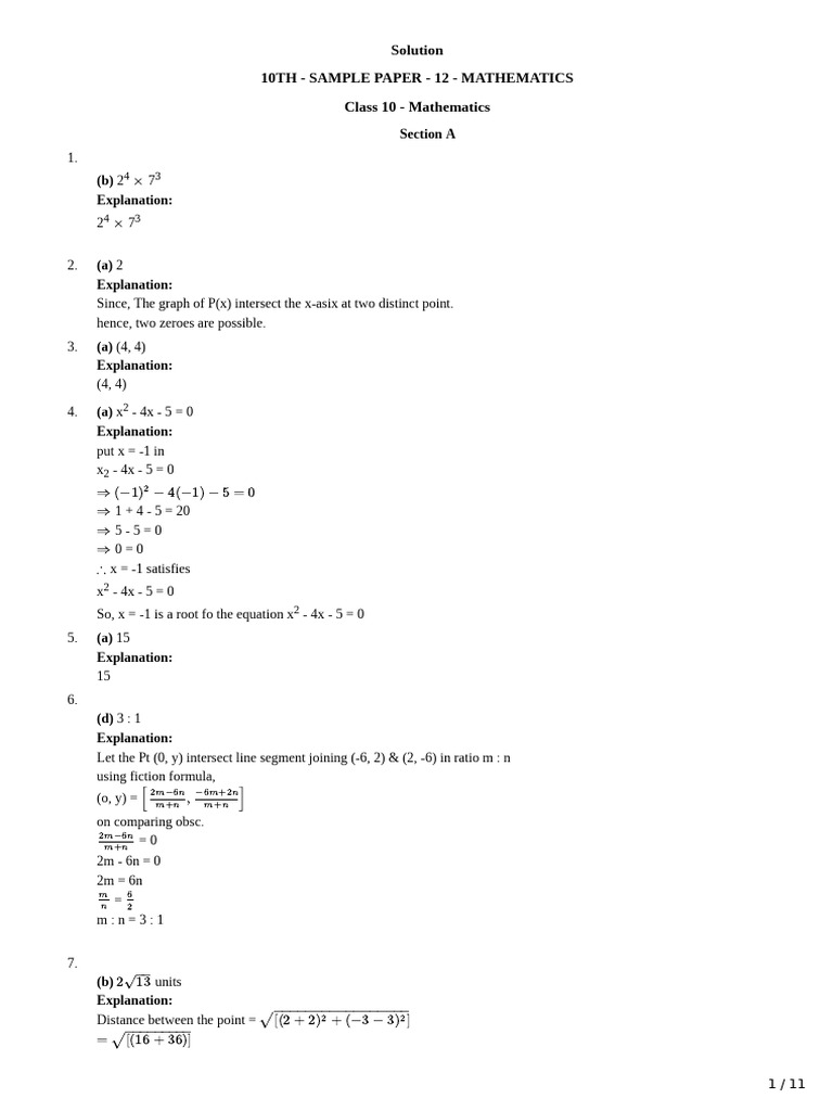 12 - SAMPLE PAPER - 10th - MATHS - SOLUTION | PDF | Area | Circle