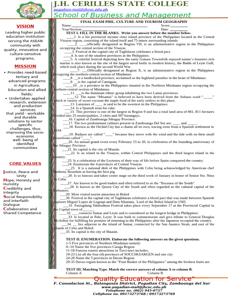 J.H. Cerilles State College Mission & Exam Guide | PDF