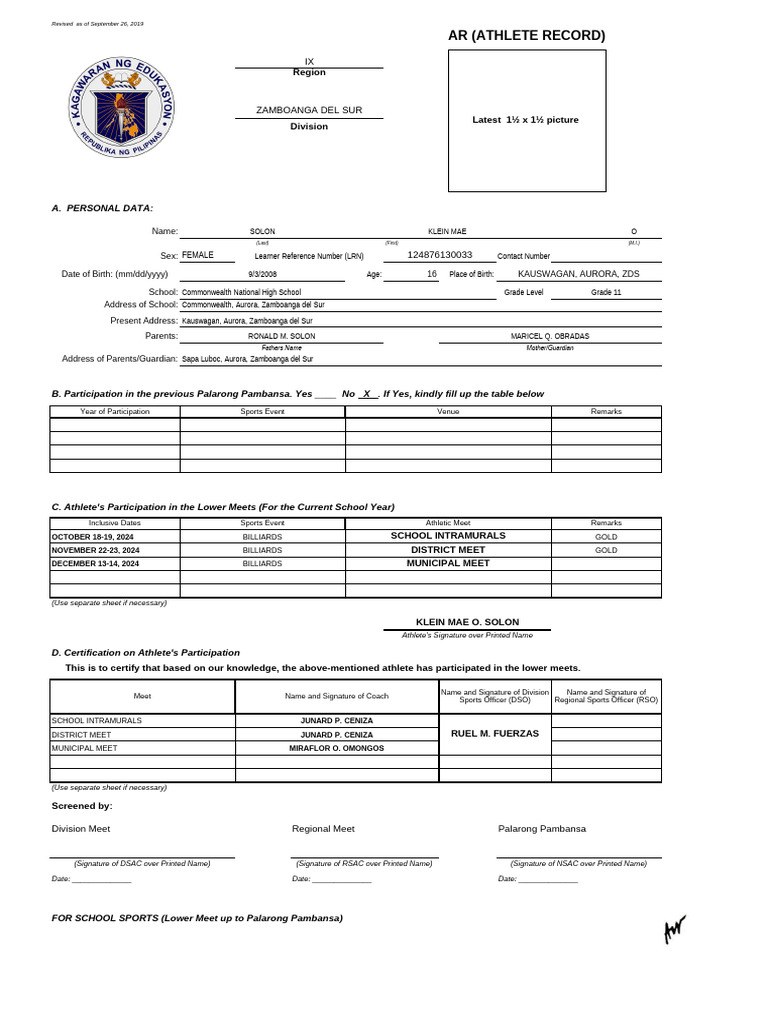 Athlete Record for Klein Mae Solon | PDF