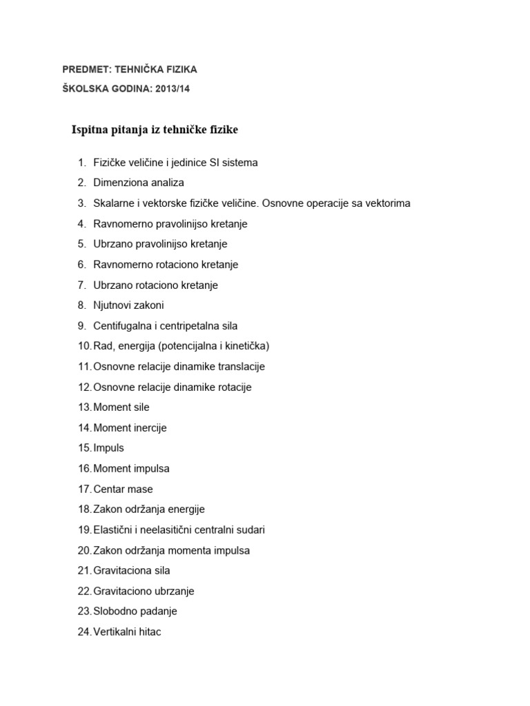 Ispitna Pitanja Iz Tehnicke Fizike | PDF