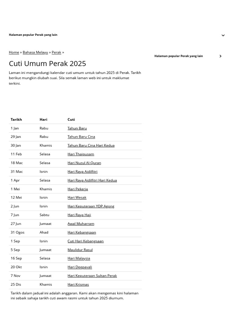 Cuti Umum Perak 2025 - PublicHolidays - Com.my | PDF