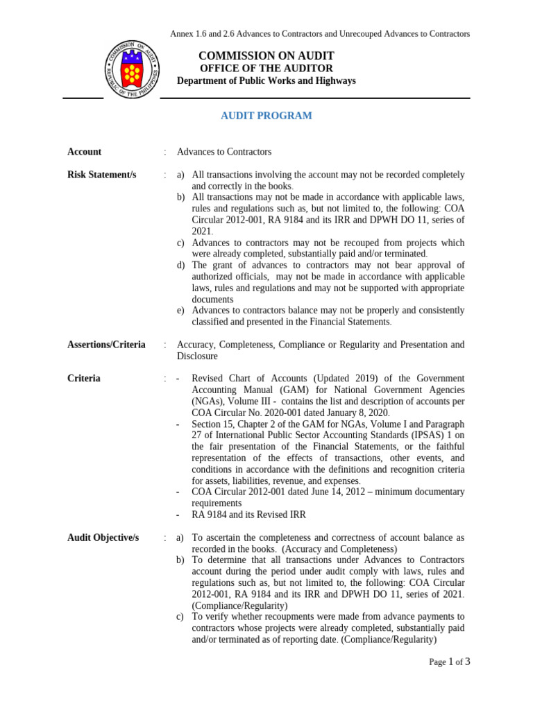 Advances to Contractors Audit Overview | PDF | Audit | Financial Statement