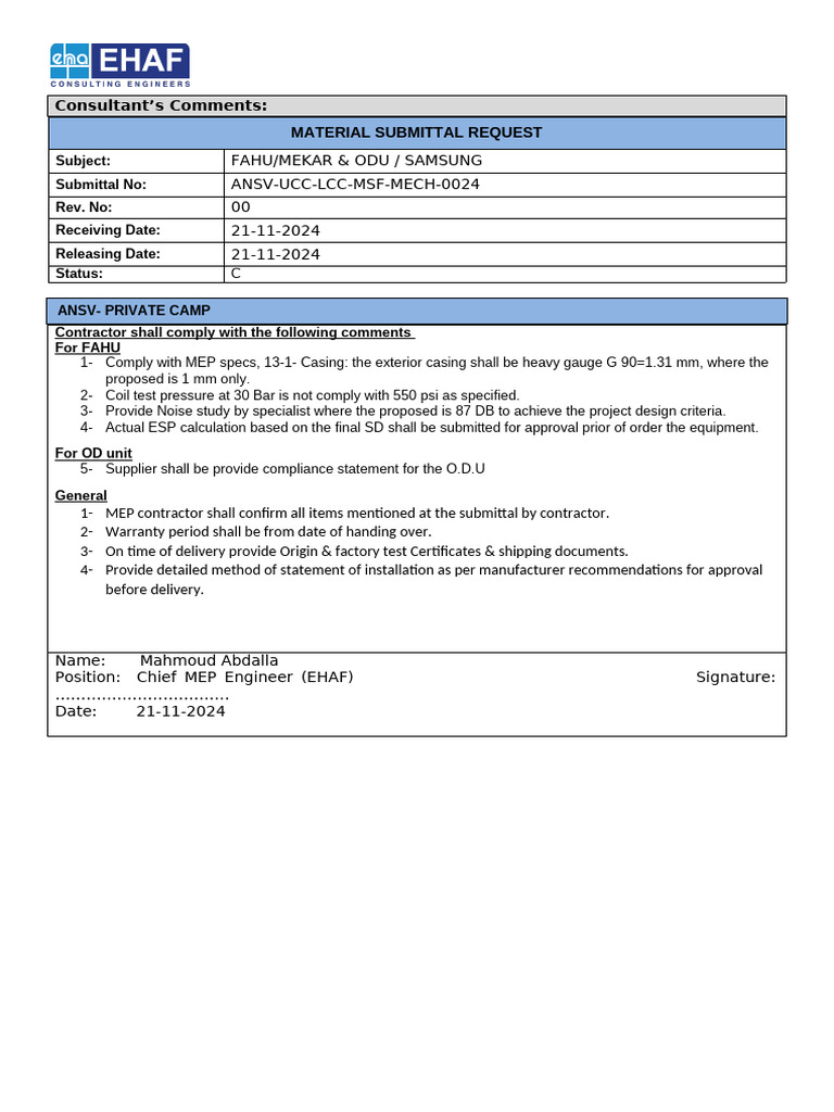 Comment Sheet For FAHU-ODU | PDF