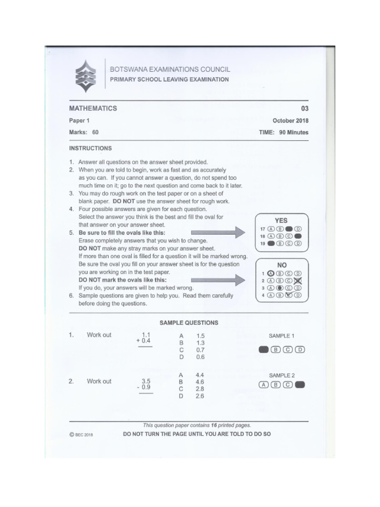 Psle Maths 2018 & Marking Key WP - 012640 | PDF