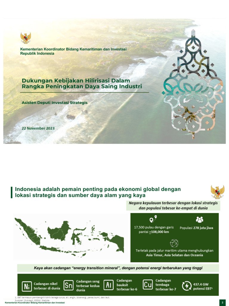 20231122 Kemenko Marves - Dukungan Kebijakan Hilirisasi (1) | PDF