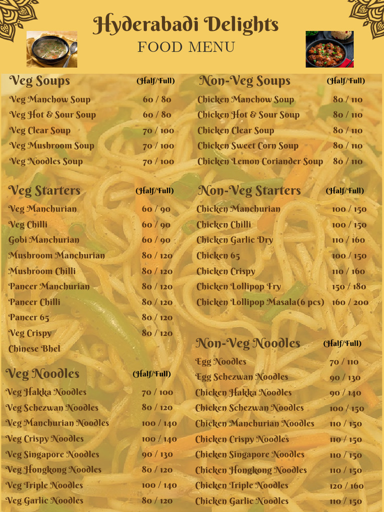 Hyderabadi Delights Food Menu | PDF | Soup | Foods