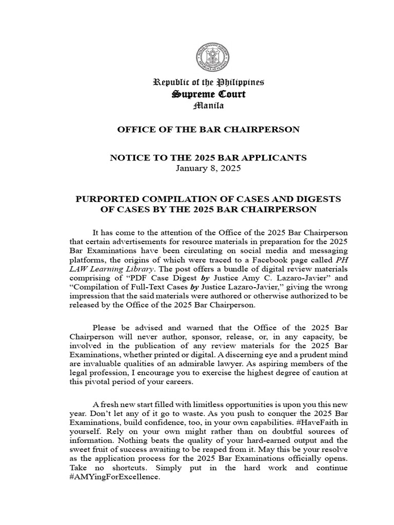 FINAL January 8 Notice From Bar Chairperson Re Review Materials | PDF