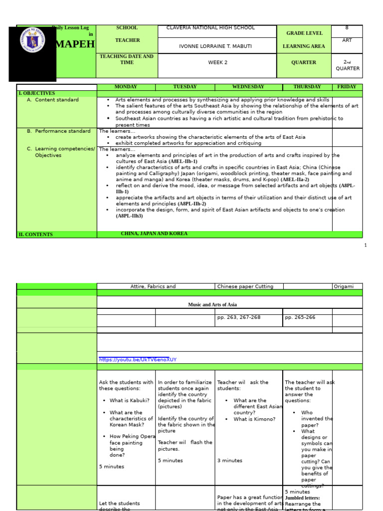 Q2 Grade 8 Arts DLL Week 2 | PDF | Origami | Textiles