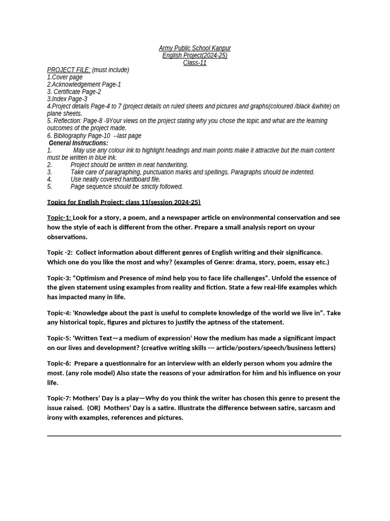 APSK English Project topics cl- 11 (2024-25) | PDF | Writing | Human ...