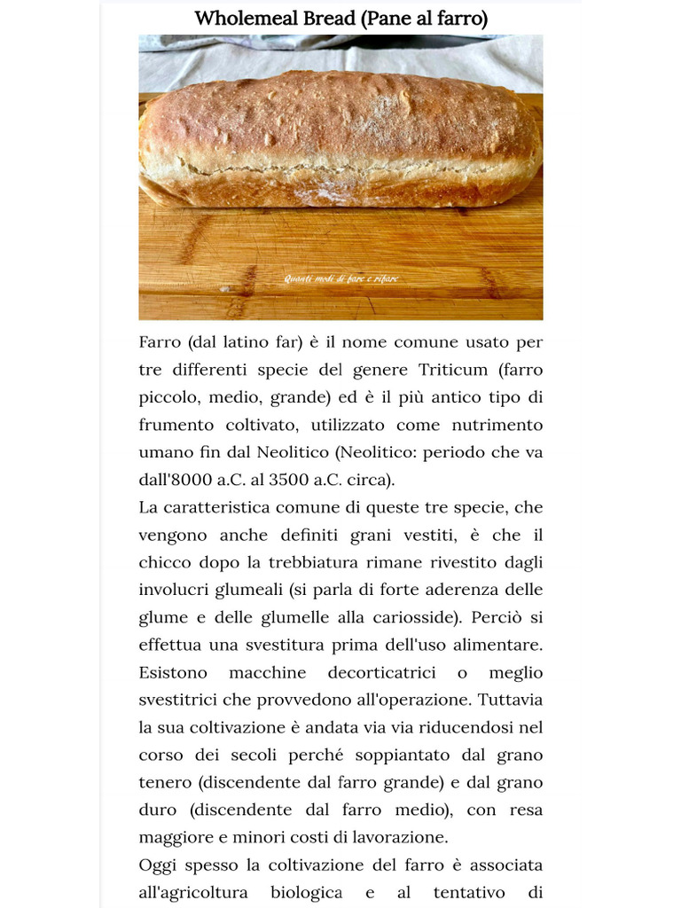 Ricetta Pane Wholemeal Bread (Pane al farro) | PDF