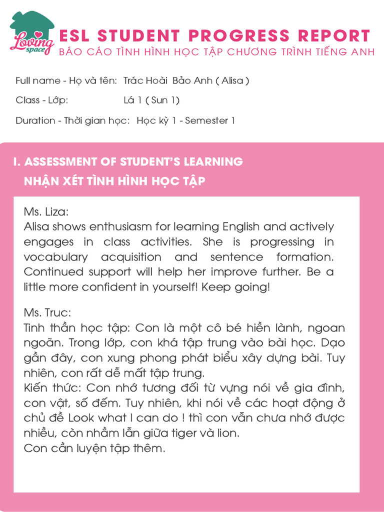 Esl Student Progress Report: I. Assessment Of Student'S Learning Nhận ...