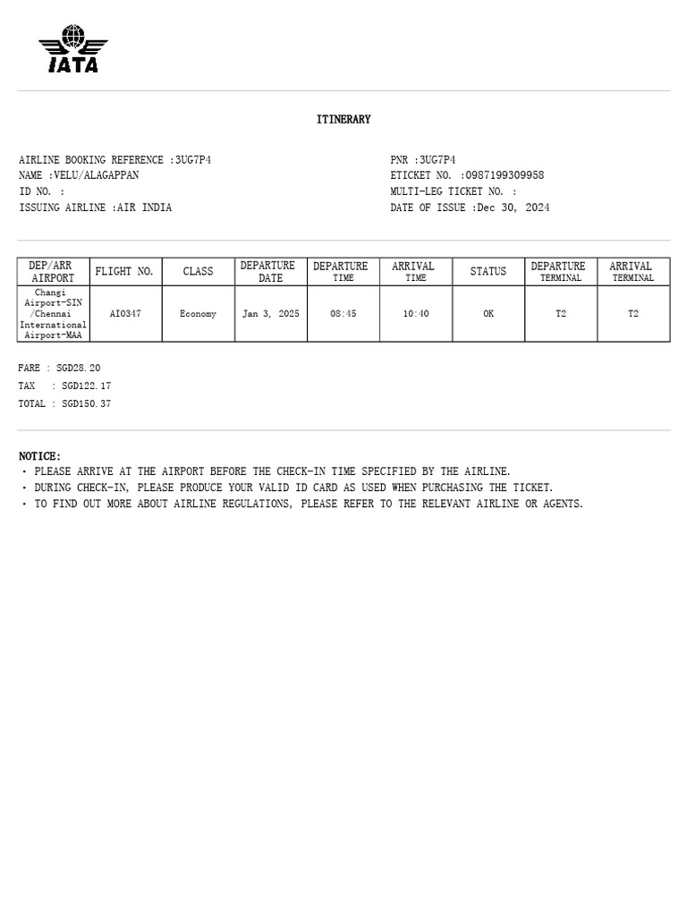 Air India Flight Itinerary for Velu | PDF