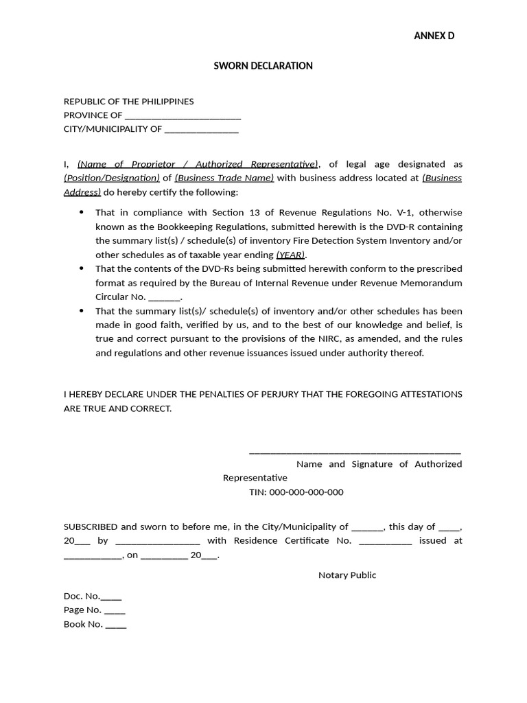 BIR INVENTORY - SWORN DECLARATION-1 | PDF