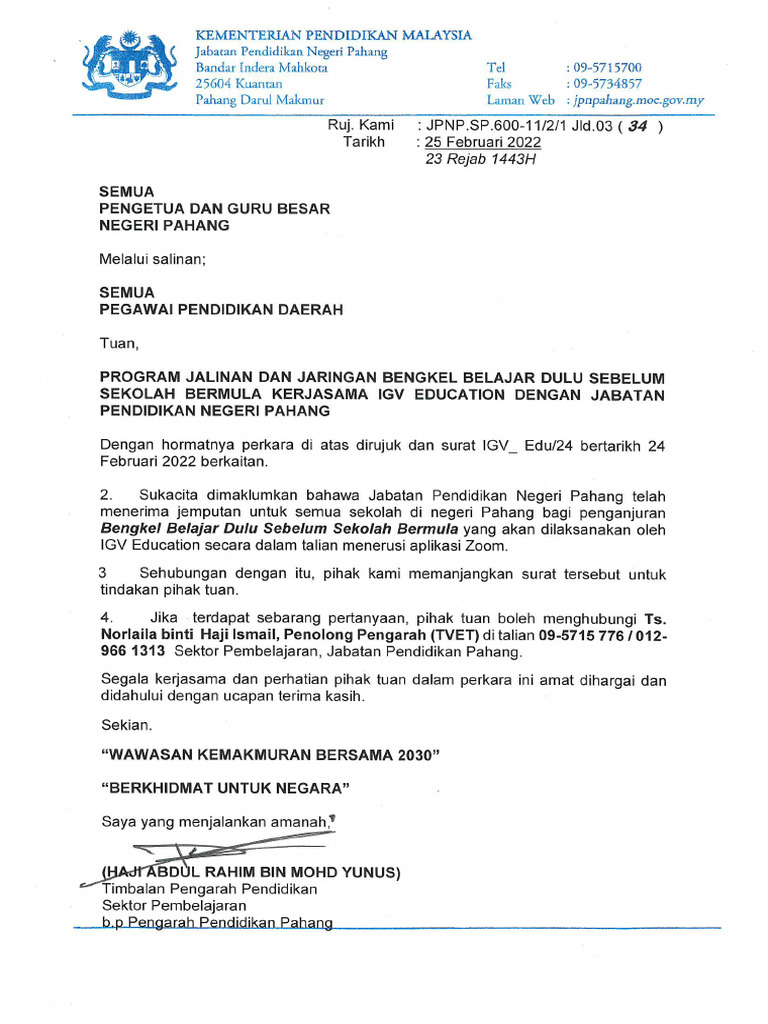 PROGRAM JALINAN DAN JARINGAN BENGKEL BELAJAR DULU SEBELUM SEKOLAH BERMULA KERJASAMA IGV ...