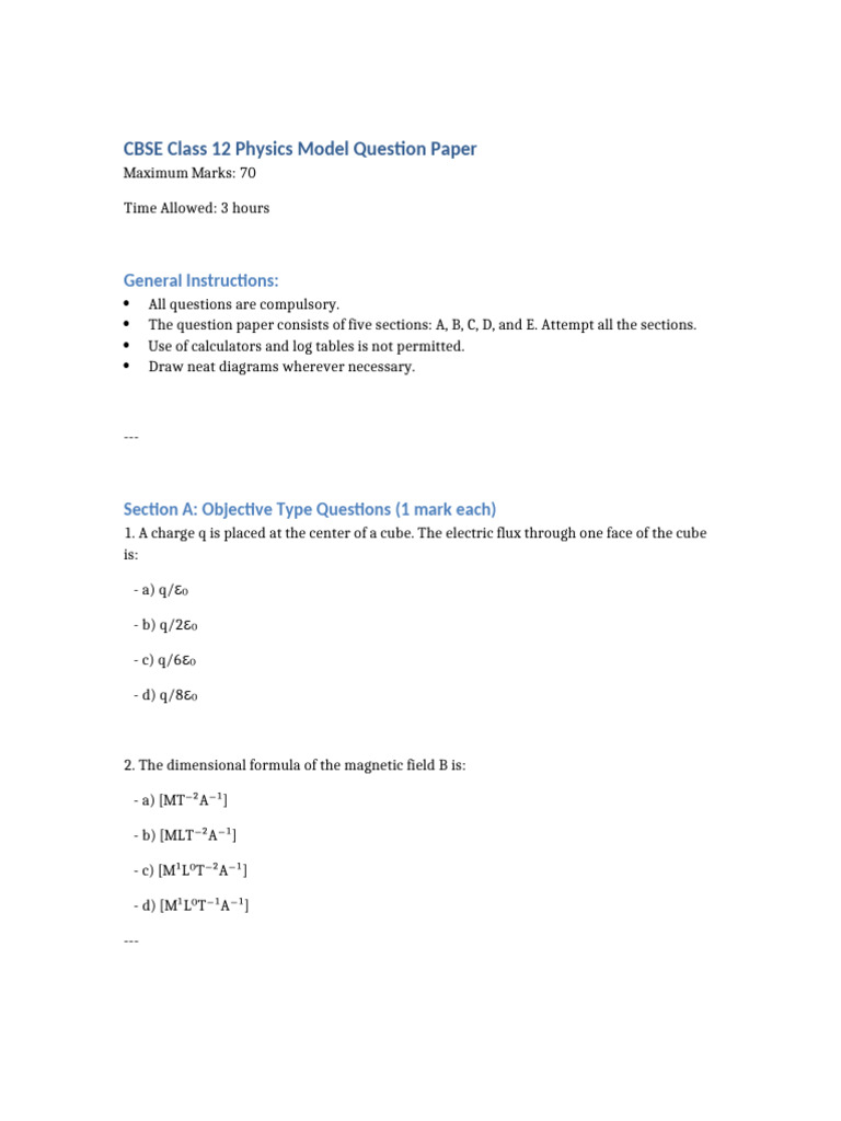 CBSE Class 12 Physics Model Paper | PDF