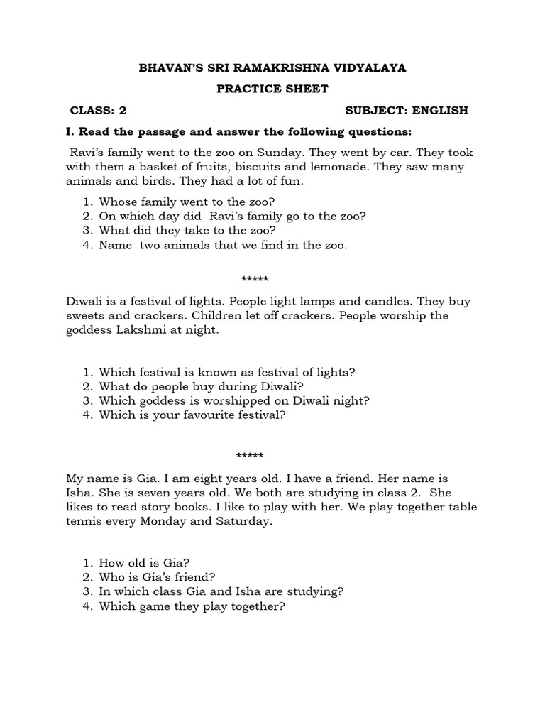 Class 2 English Practice Sheet | PDF