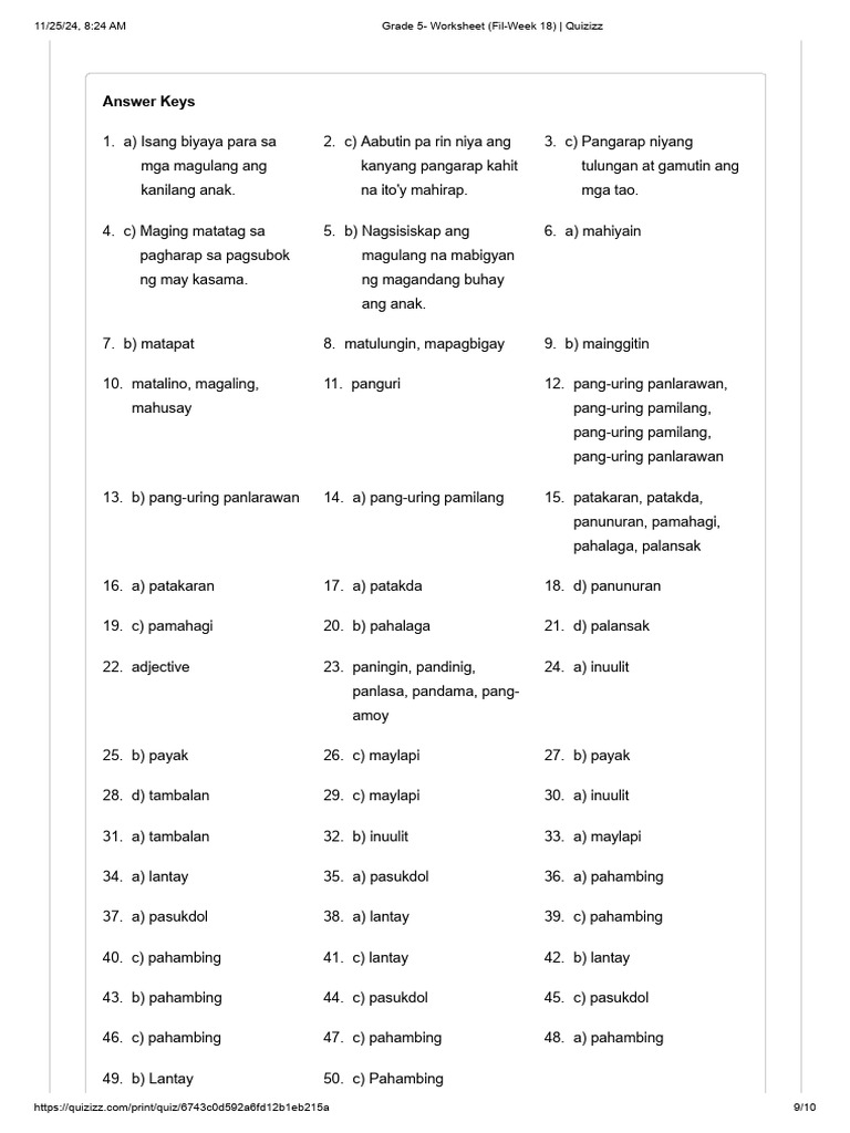Answer Key - Grade 5 | PDF