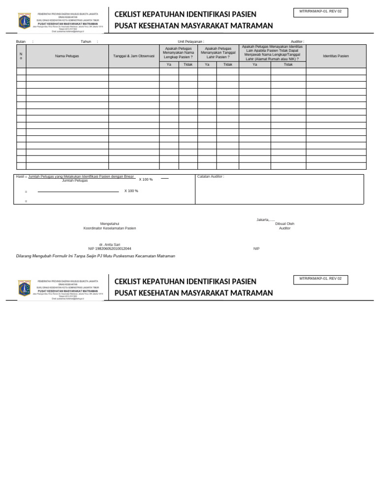 Form Ceklist Kepatuhan Identifikasi Pasien 2024 | PDF