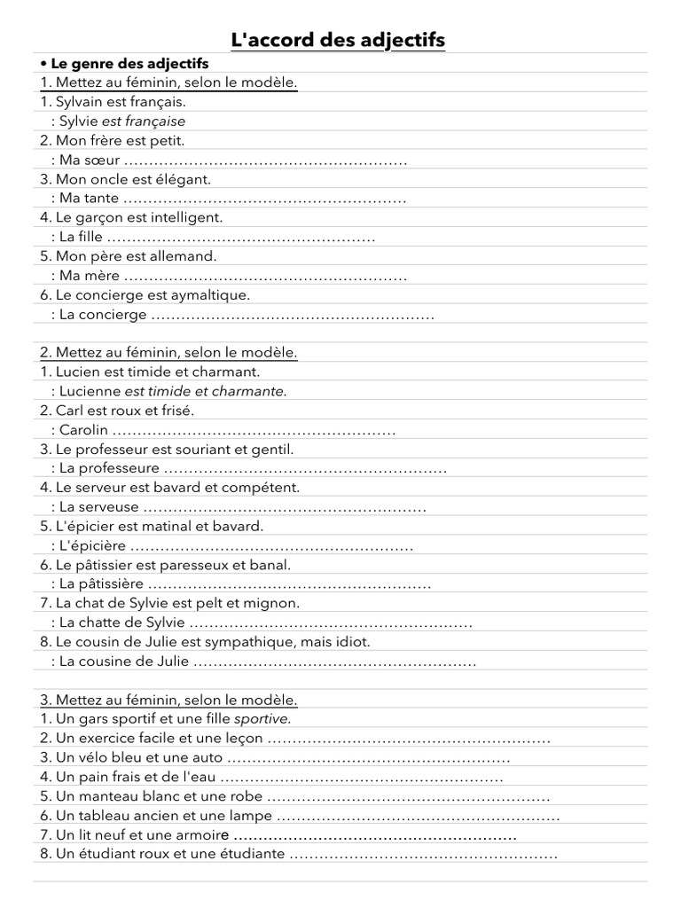 Exercices sur l'accord des adjectifs | PDF | Nourritures