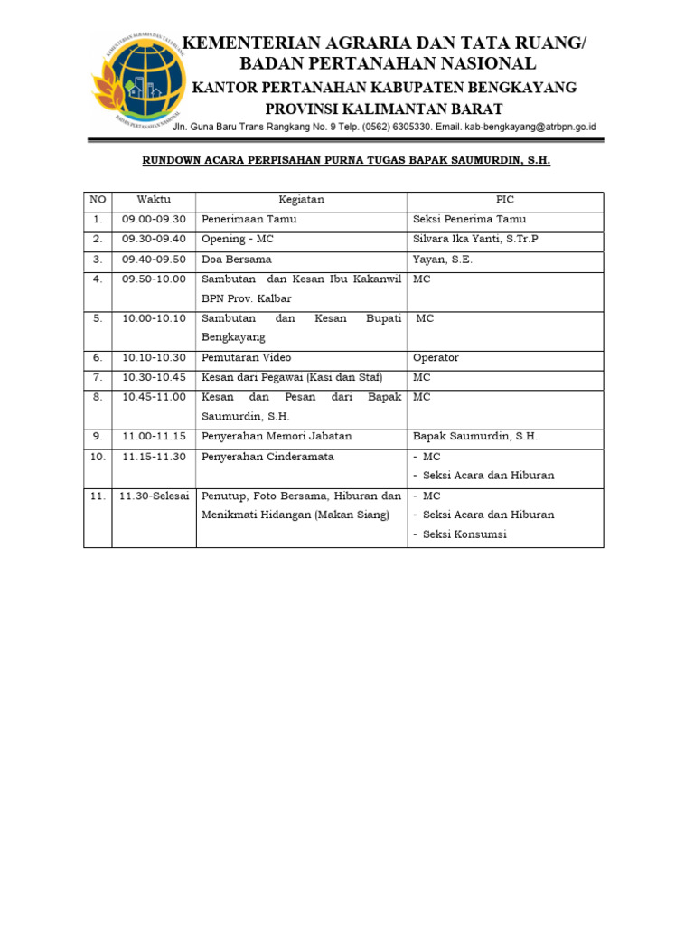 Rundown Acara Purna Tugas Kakan Bky | PDF