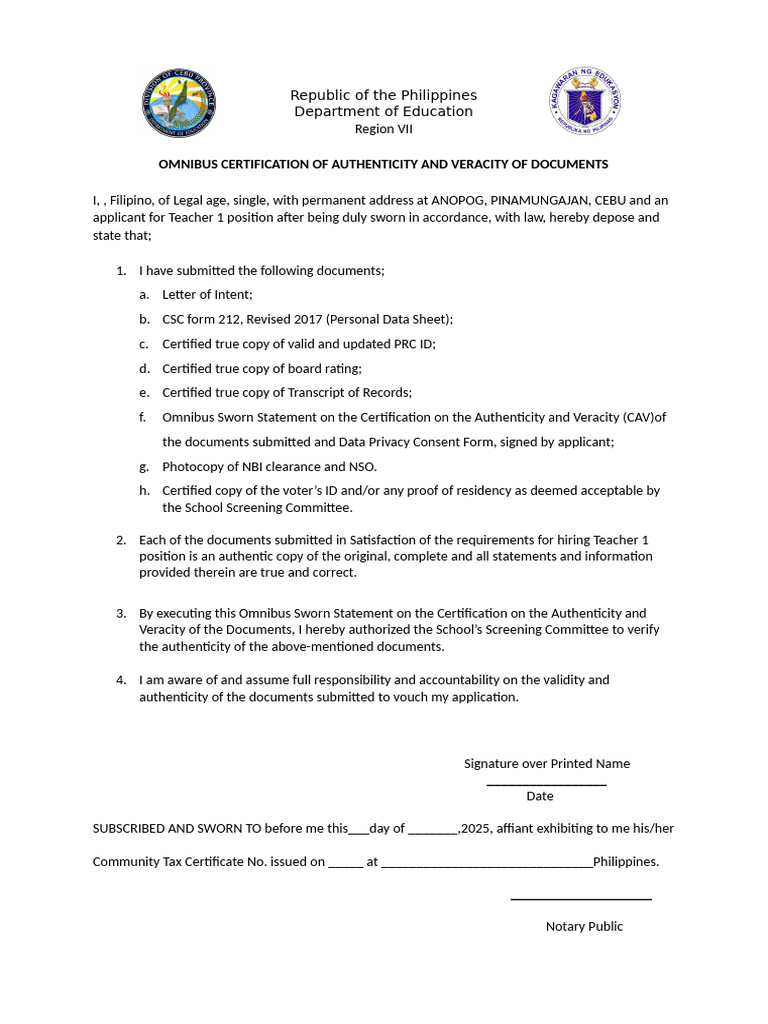 OMNIBUS CERTIFICATION OF AUTHENTICITY AND VERACITY OF DOCUMENTS | PDF