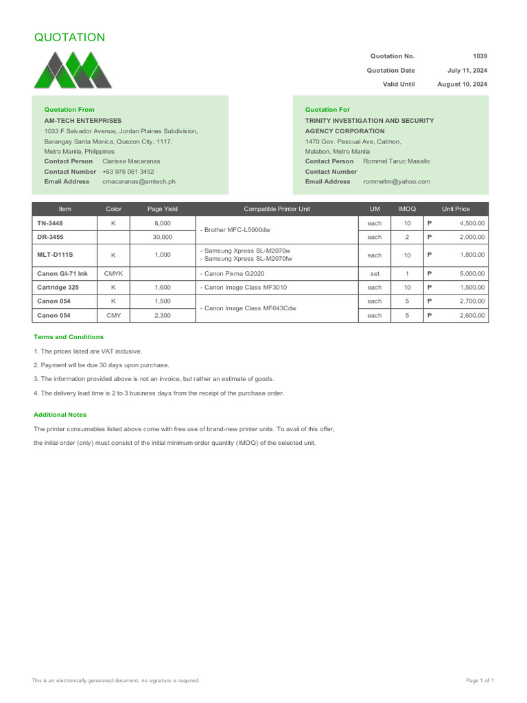 AM-Tech Quotation No. 1039 | PDF | Printer (Computing) | Printing