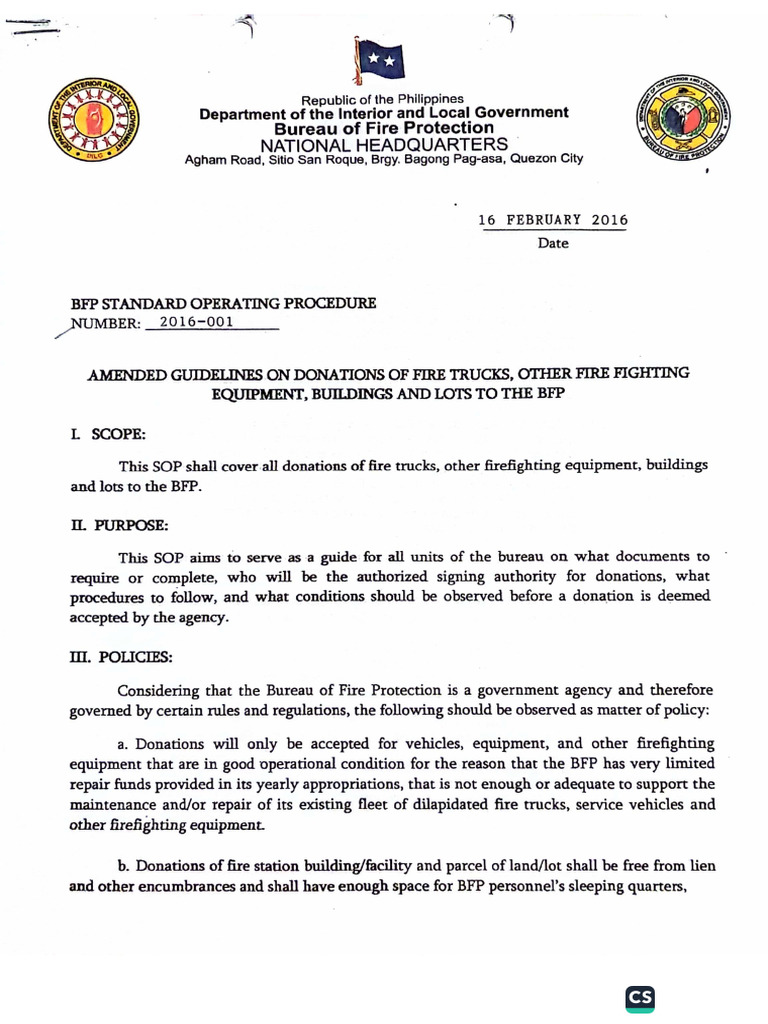 BFP Sop 2016-001 | PDF