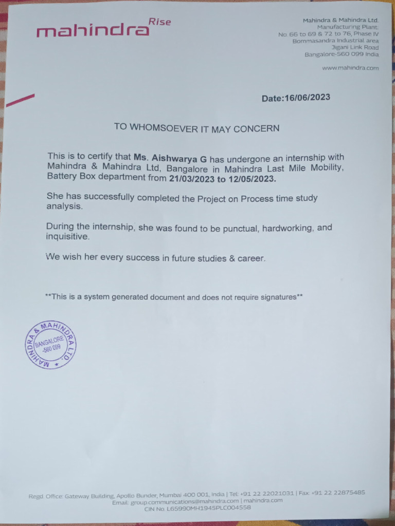 Mahindra Certificate | PDF