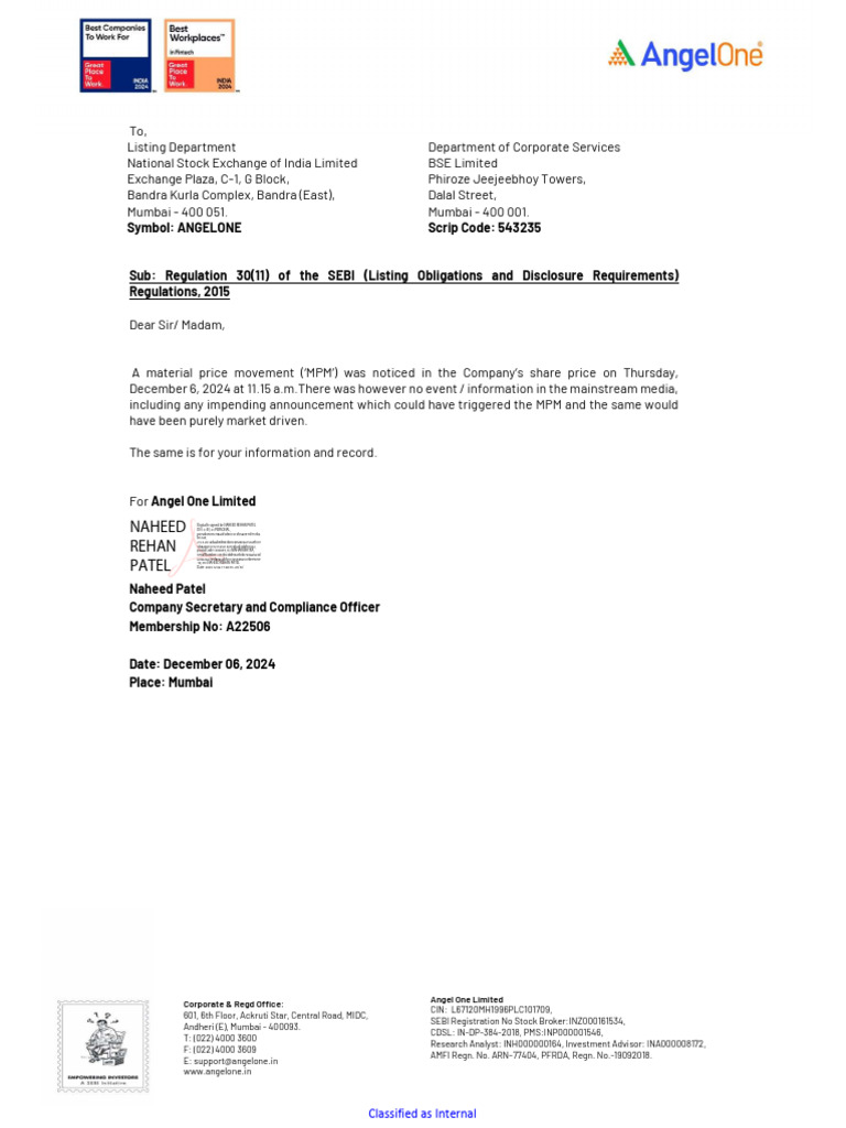 Naheed Rehan Patel: Classified As Internal | PDF | Business | Corporations