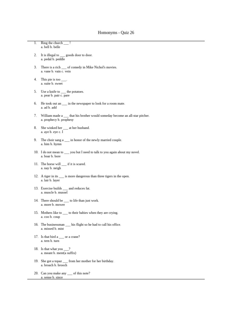 Homonyms - Quiz 1 | PDF