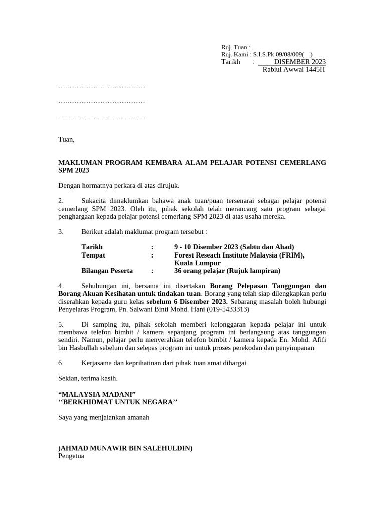 Surat Makluman Ibu Bapa Program Kembara Alam | PDF