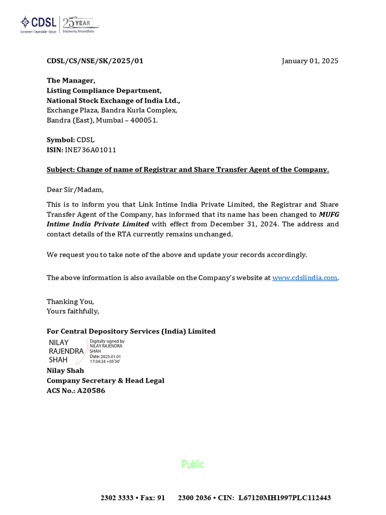 CDSL 01012025174007 Intimation of Name Change of RTA | PDF