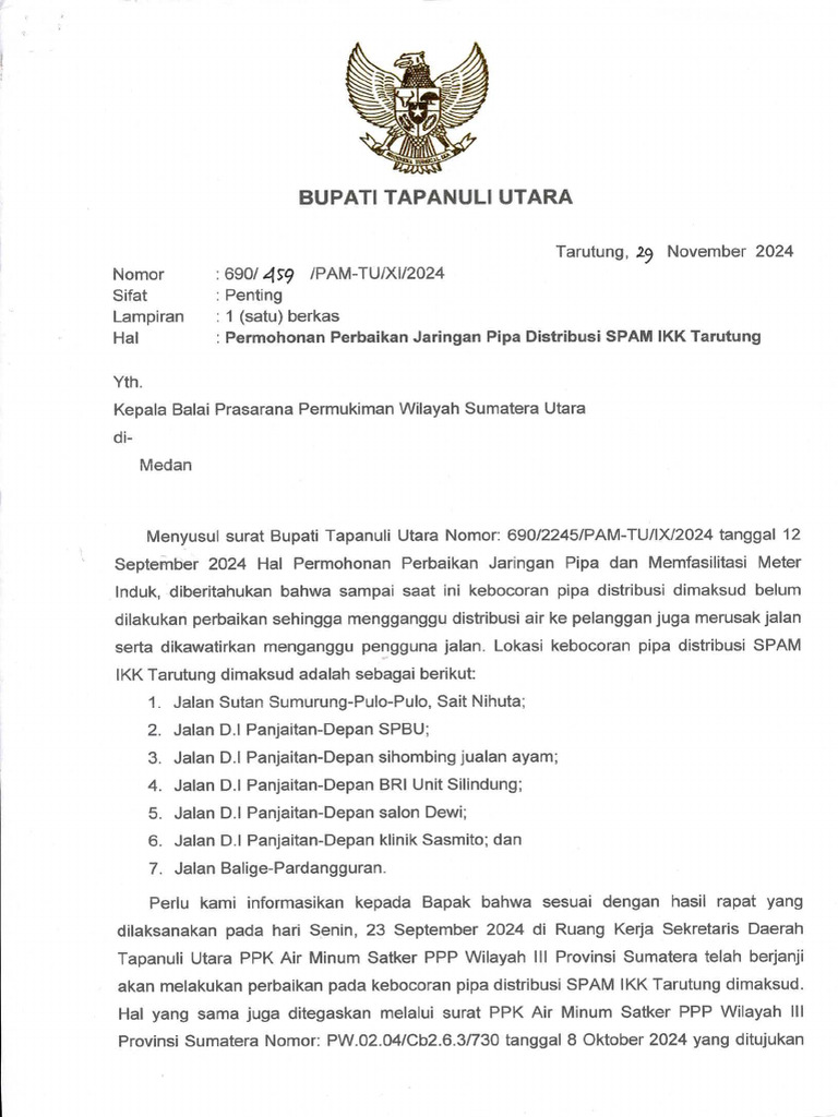 Permohonan Perbaikan Pipa Dist Ke BPPWSU | PDF