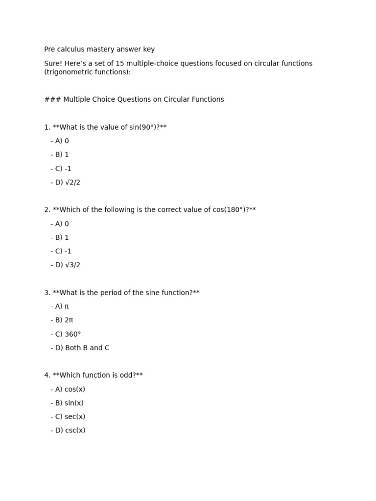 Pre-Calculus 2ND Mastery Answer Key | PDF