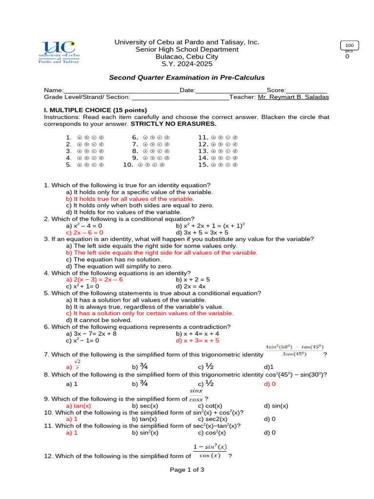 Pre-Calculus Second Quarterly Exam | PDF | Trigonometric Functions ...