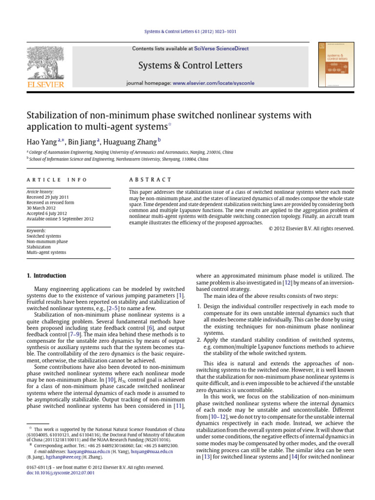Yang2012-Stabilization of Non-Minimum Phase Switched Nonlinear Systems With | PDF | Control ...