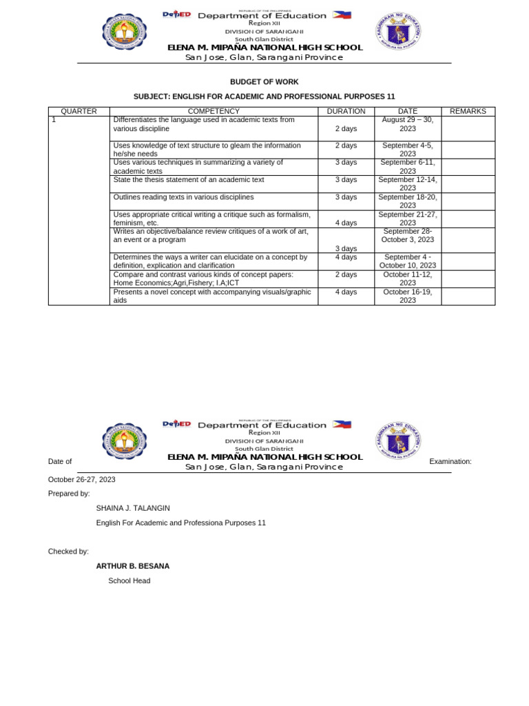 BUDGET-OF-WORK-EAPP-11 | PDF | Liberal Arts Education