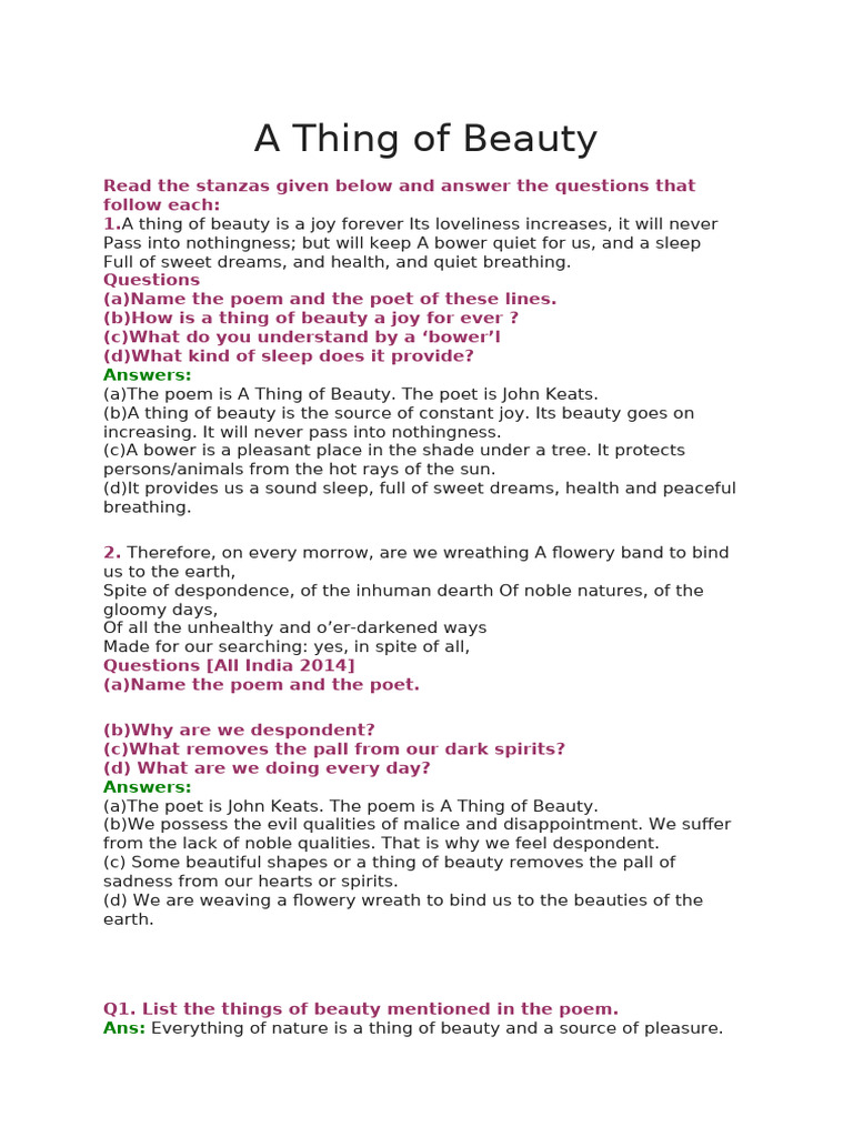 A Thing of Beauty: Key Questions & Answers | PDF | Beauty | Pleasure