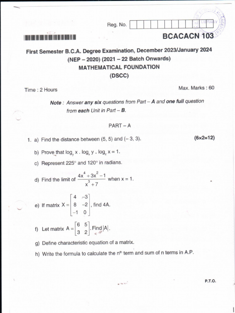 BCA I Semester Mathematical foundation-NEP Jan 2024 | PDF