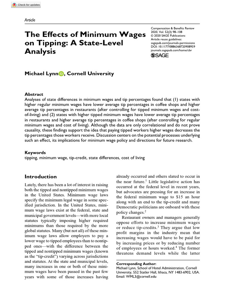 Effect on tipping behavior- bad | PDF | Cost Of Living | Minimum Wage