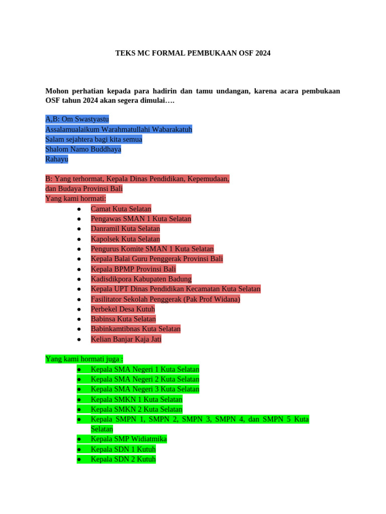 Teks MC Pembukaan Osf 2024 | PDF