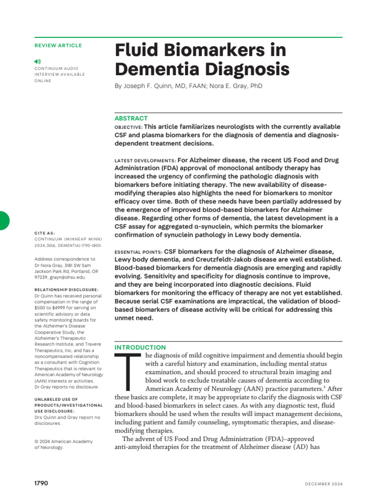 Fluid Biomarkers in Dementia Diagnosis | PDF | Dementia | Amyloid Beta