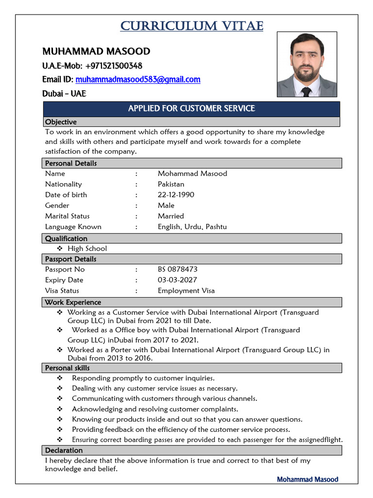 MUHAMMAD MASOOD - CUSTOMER SERVICE | PDF