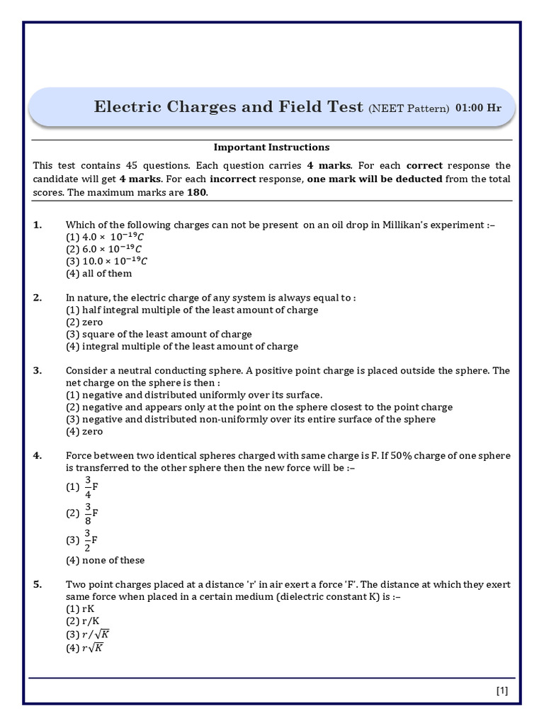 NEET Electric Charges & Fields Practice Test | PDF | Force | Physical ...